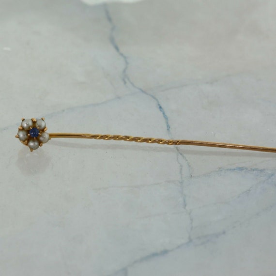 14K Yellow Gold Seed Pearl and Sapphire Stick Pin - Gem