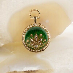 Superb Antique 18K Ladies Enameled Pearl and Diamond Watch Pin Set ...