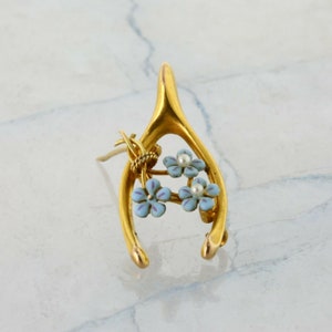 Vintage 14K Yellow Gold Blue Bonnet and Pearl Wishbone Pin Circa 1950 ...
