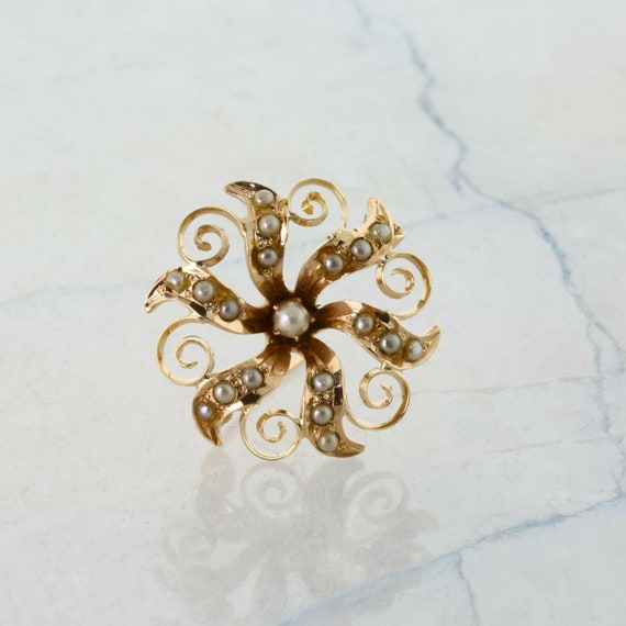 10K Yellow Gold Seed Pearl Sunburst Pin - Gem