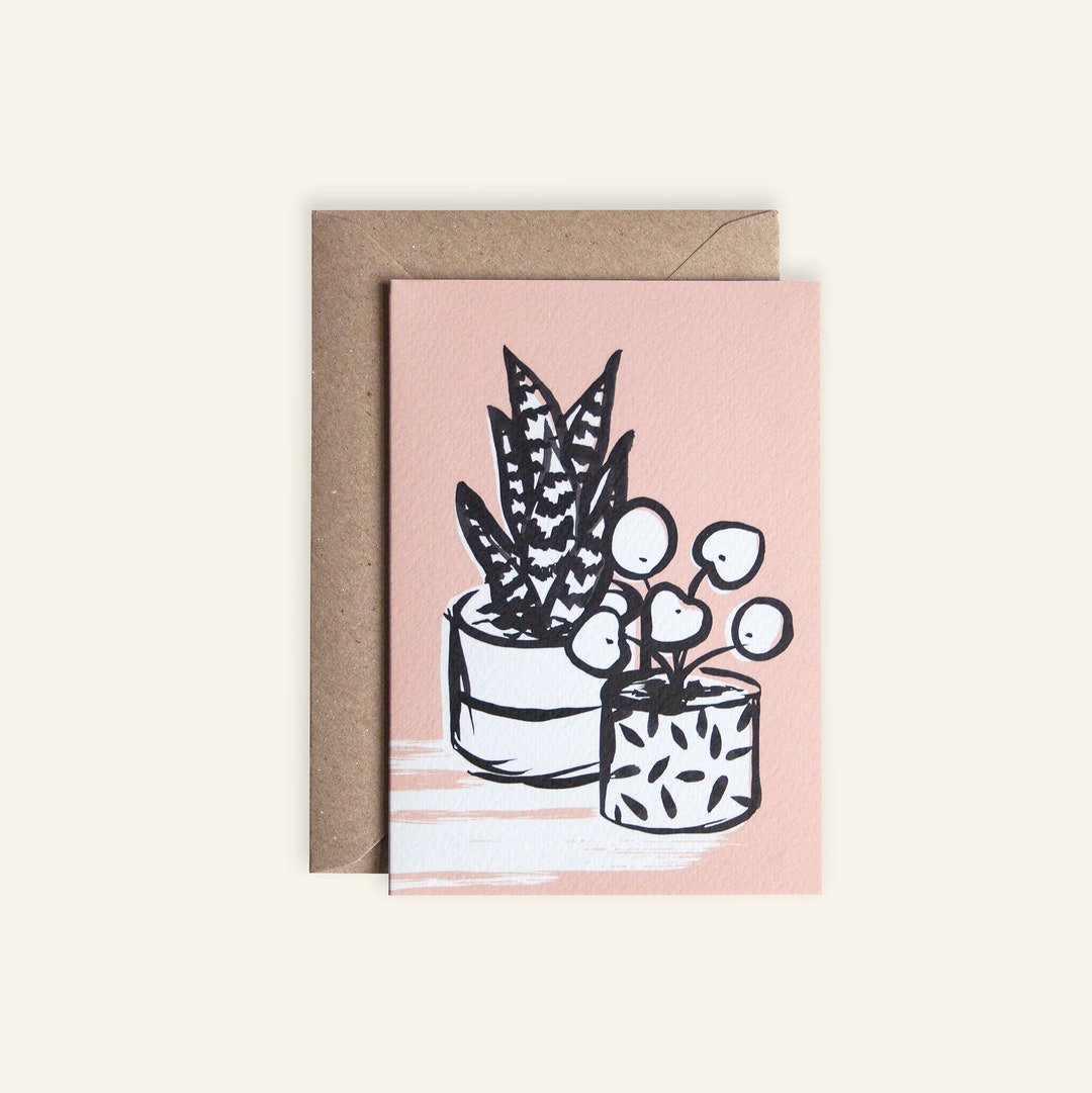 Pink Plant Card - Aloe and Pilea, Botanical Houseplant Card, Card for ...