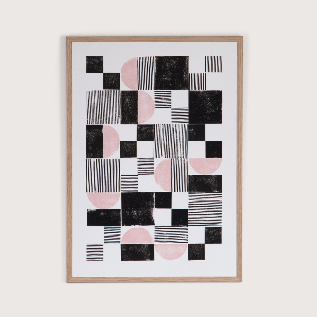 Geometric Lino Art Print - A4 or A3, Pink and Black Modern Shapes Wall ...