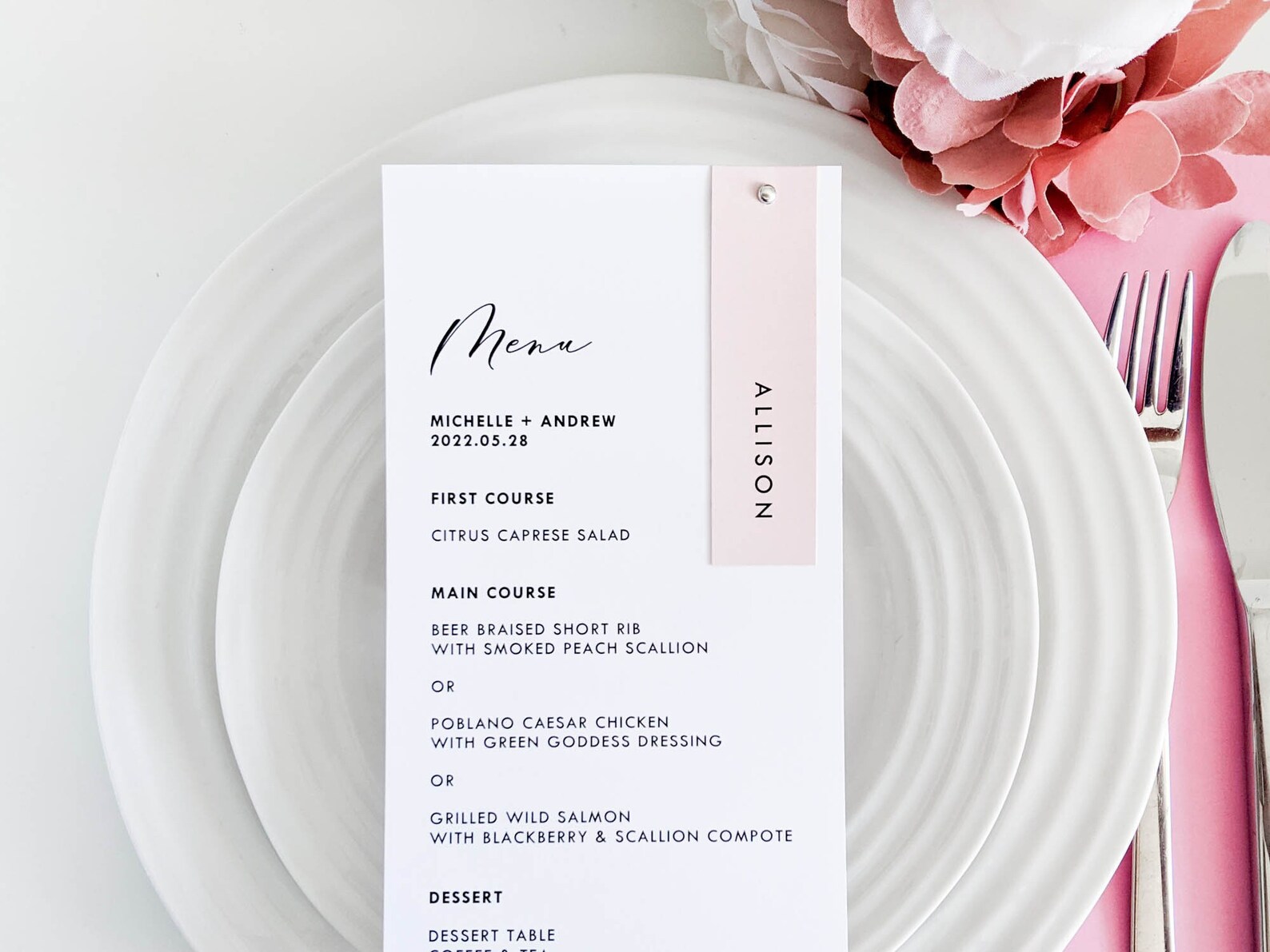 PRINTED Wedding Menu Place Card Set, Pack of 10, Modern Wedding Dinner ...