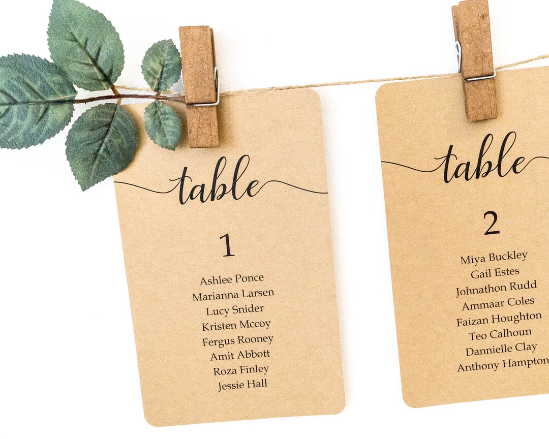 Rustic Kraft Wedding Table Assingment Cards, PRINTED Seating Chart ...