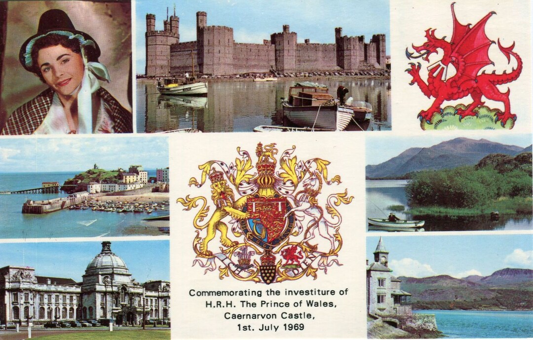 P-258 Postcard Vintage CAERNARVON CASTLE, Charles Prince of Wales ...