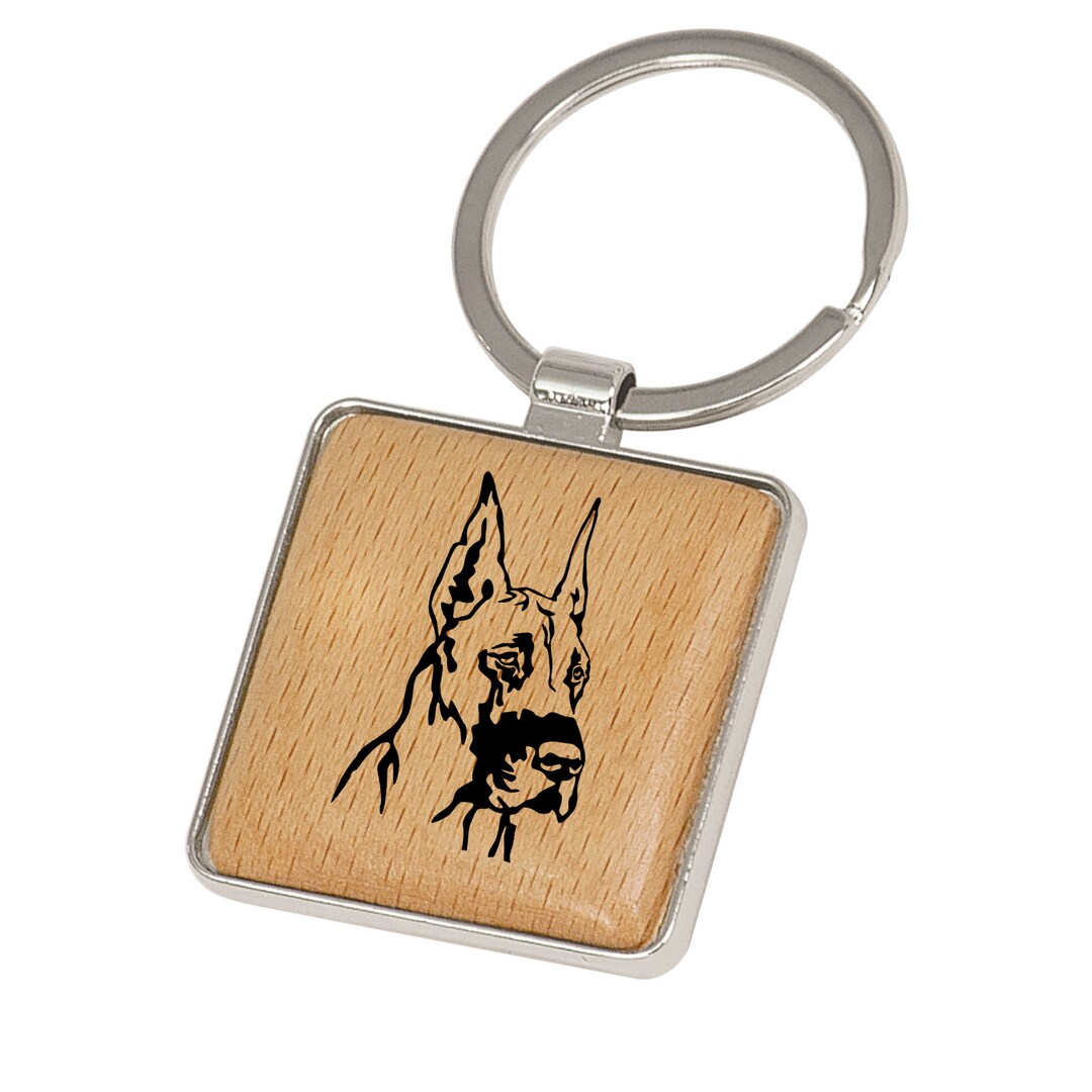 Great Dane Wood Round Key Chain, Key Ring Engraved, Dog Key Chain, Dog ...