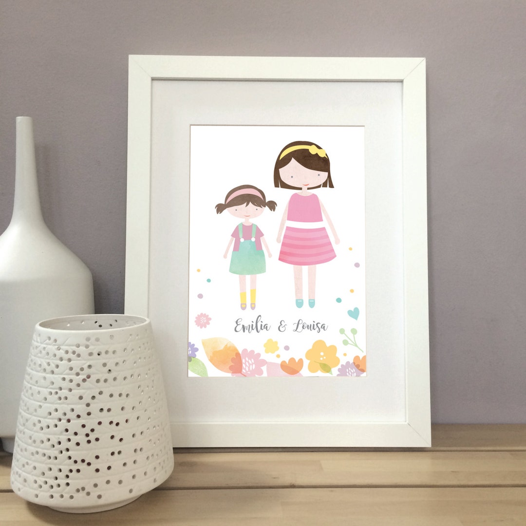 Personalised Illustration, Sister Print, Custom Kids Wall Art, Modern ...