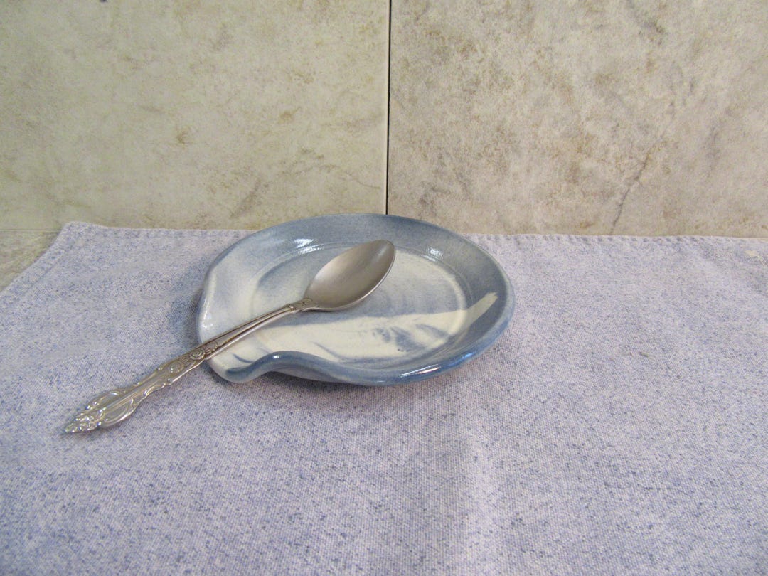 Spoon Rest, Blue & White Spoon Rest, Feather Design, Pottery Spoon Rest ...