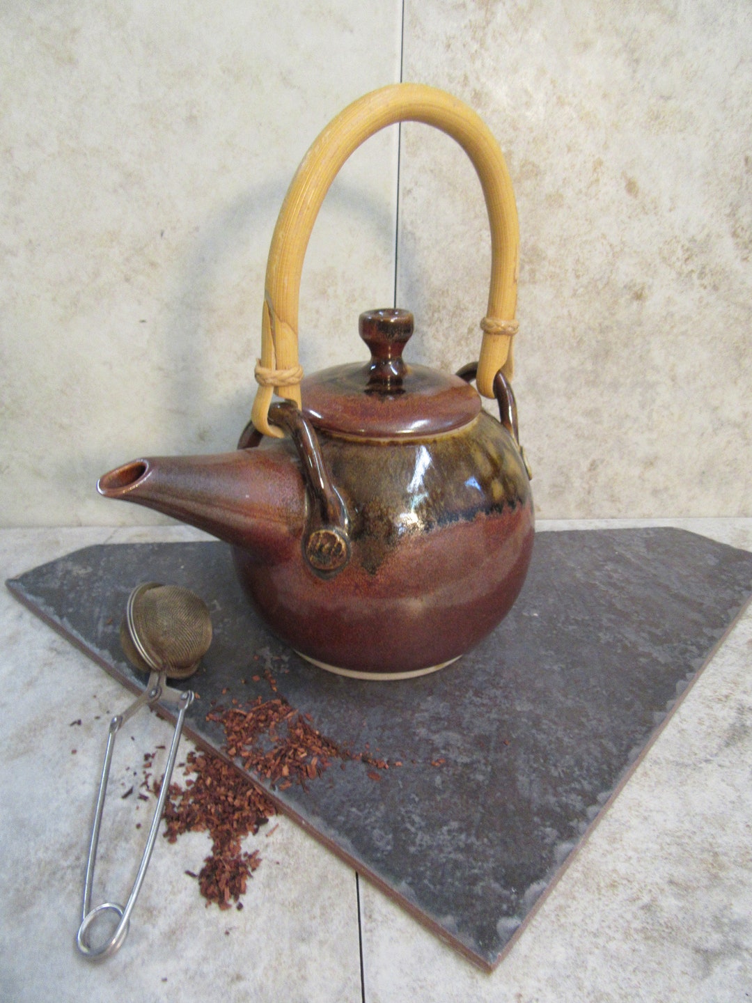 Tea Pot, Brown Tea Pot, Bamboo Handle Tea Pot, Dishes, Stoneware ...