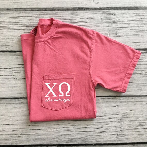 Chi Omega Script Letters Pocket Tee | Etsy