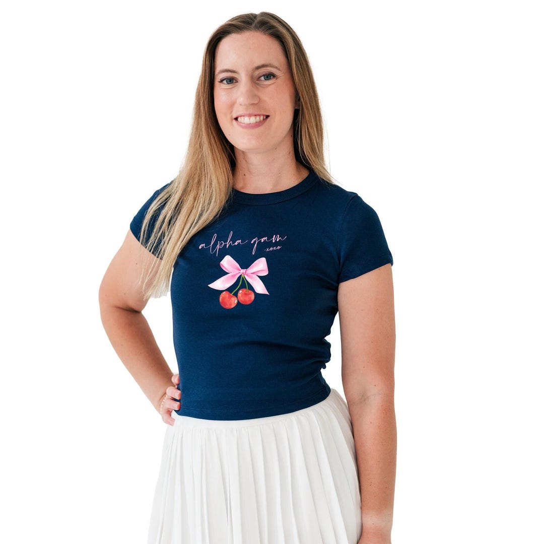Alpha Gamma Delta Cherry XOXO - Alpha Gam, Navy, Baby Doll Tee, Crop ...