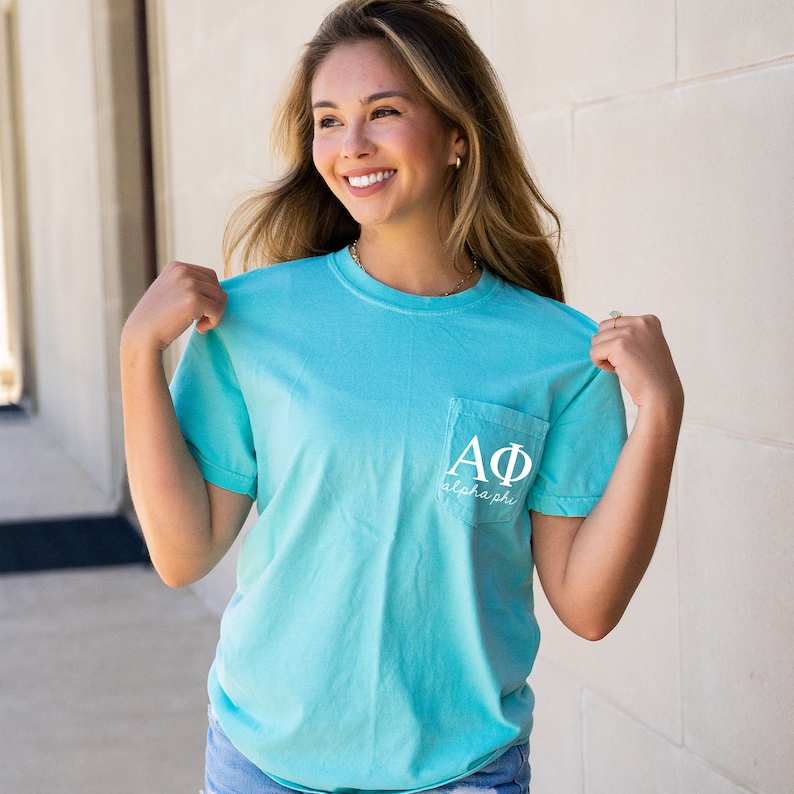 Alpha Phi Script Letters Pocket Tee Mint - Etsy