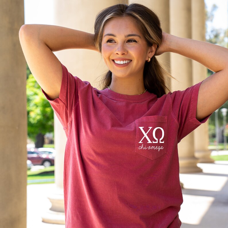 Chi Omega Script Letters Pocket Tee Crimson - Etsy