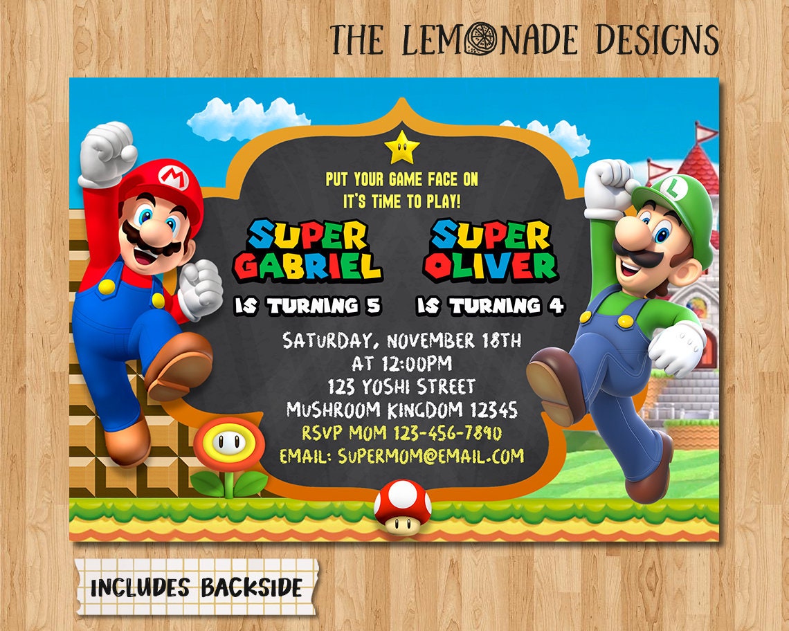 Mario & Luigi Birthday Invitation, Super Mario Birthday, Super Mario ...