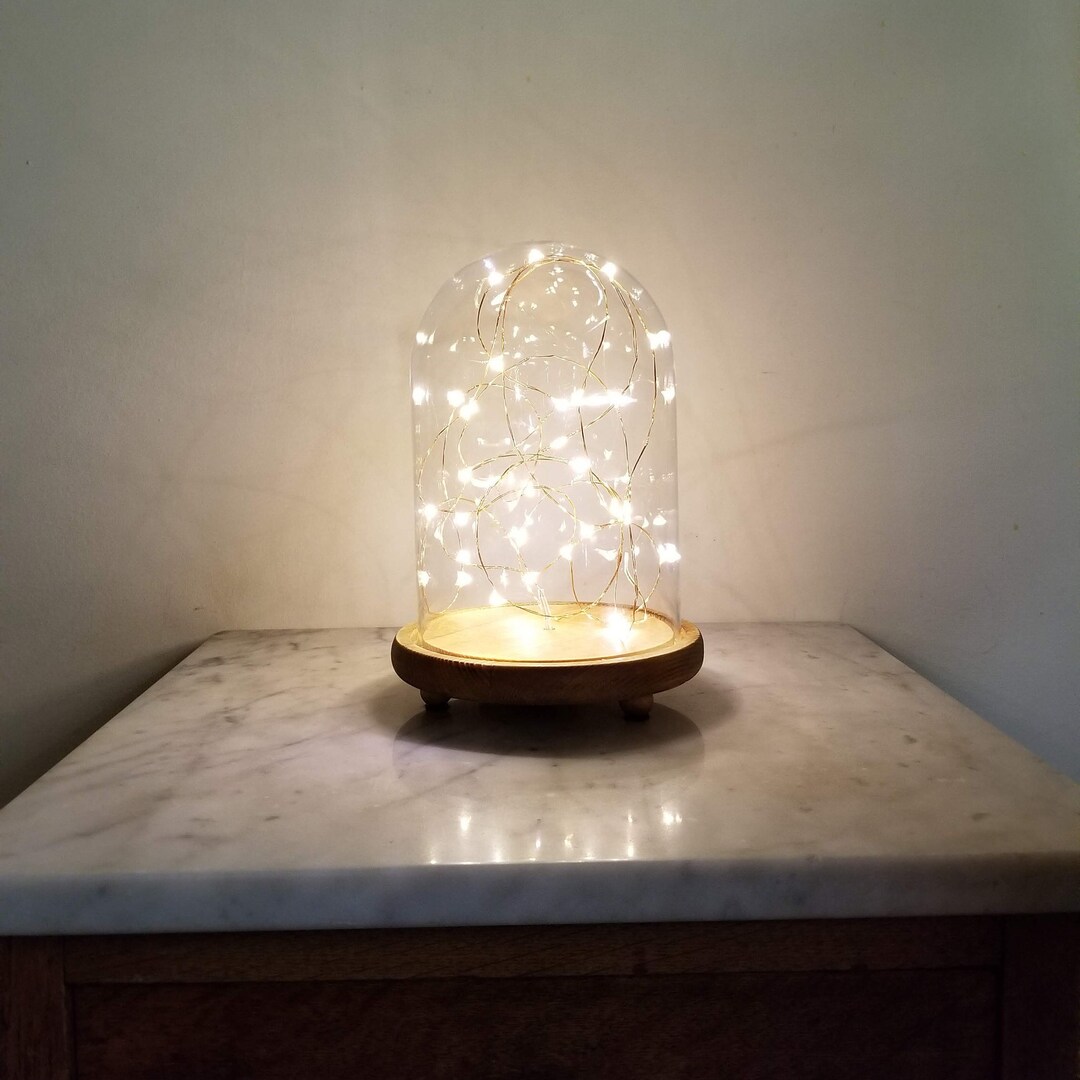 Glass Dome With Copper Lights and Natural Wood Base, Battery Operated ...