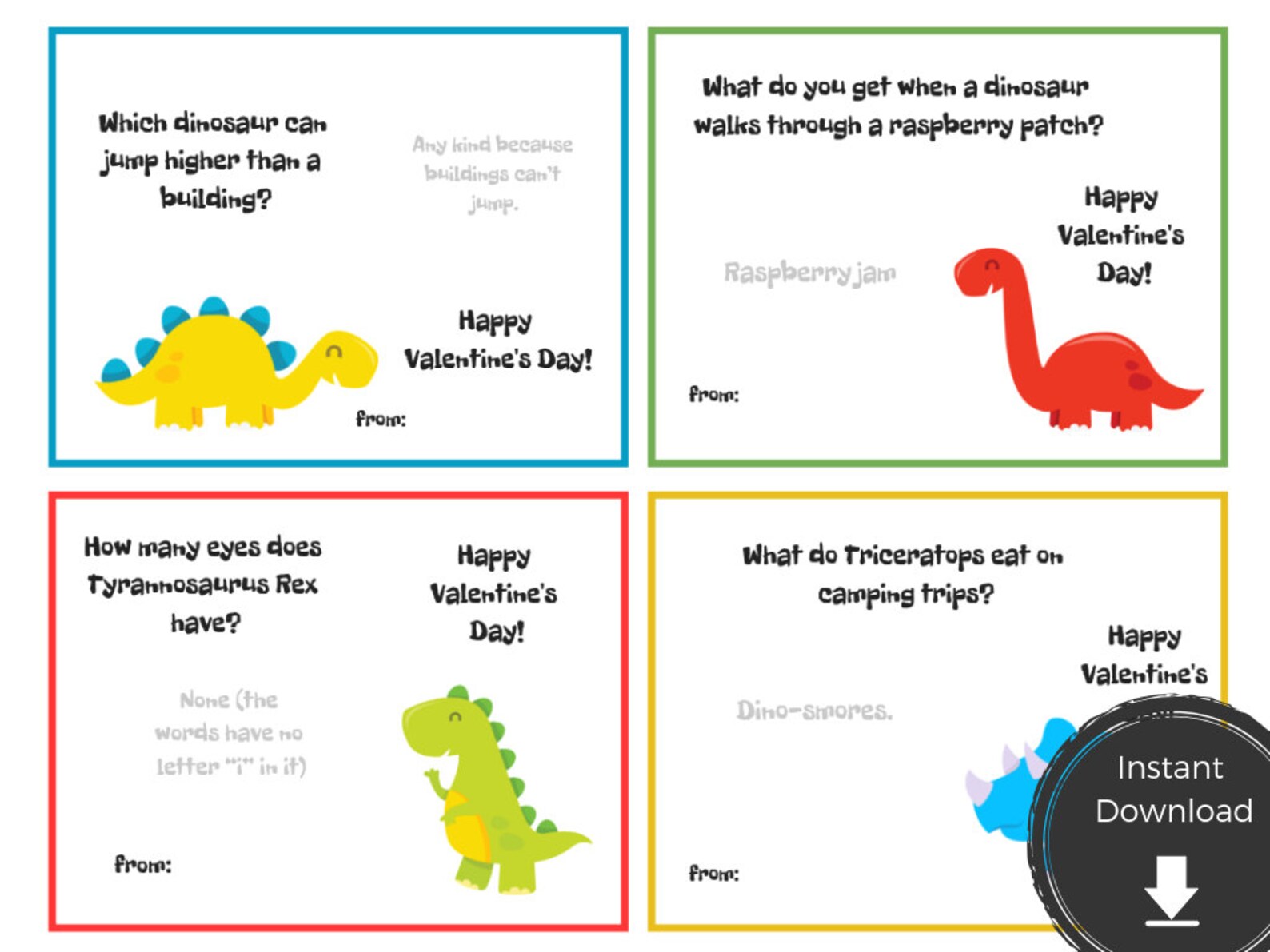 Dinosaur Valentine Printable Card with Jokes Funny Dino | Etsy