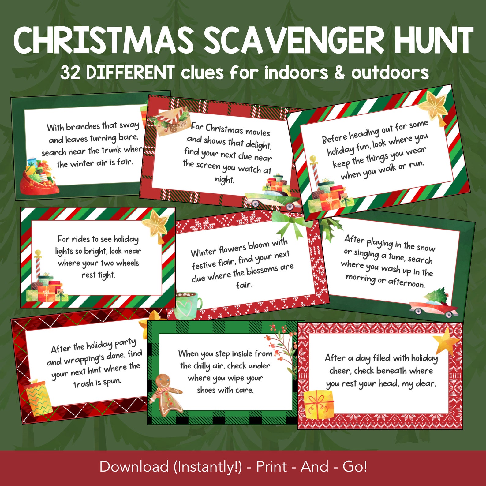 Christmas Scavenger Hunt Printable Cards, Indoor Outdoor Treasure Hunt ...