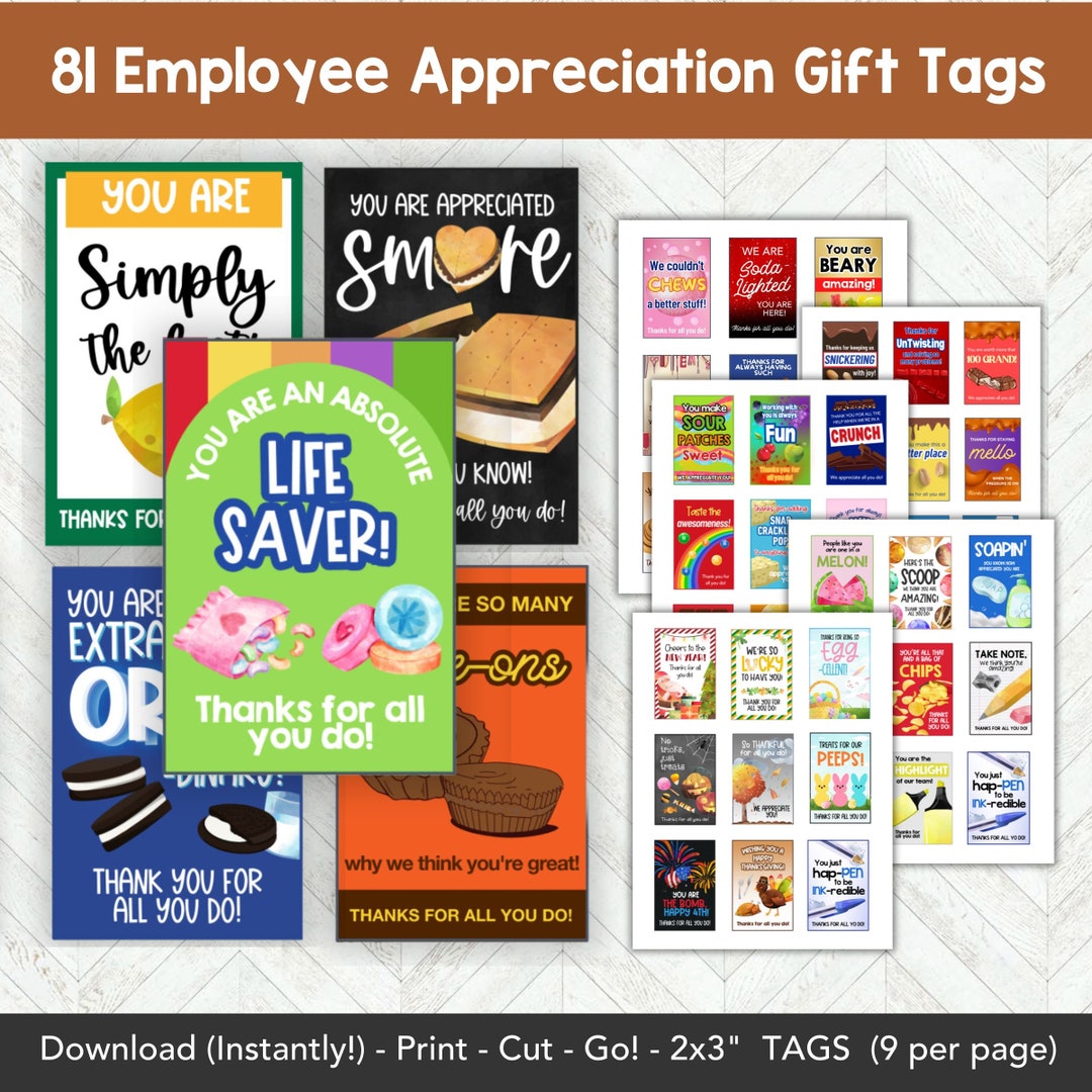 Printable Employee Appreciation Gift Tags Bundle, Easy Bulk Gift Idea ...