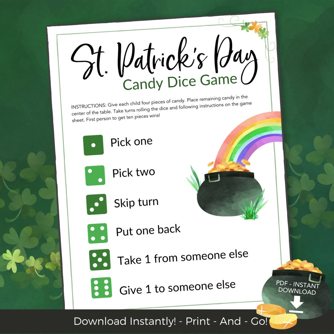 St Patricks Day Game Candy Dice, St Paddys Day Printable Game for Kids ...