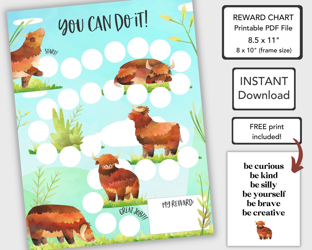 Highland Cow Kids Reward Chart Printable, Potty Training Chart, Sticker ...