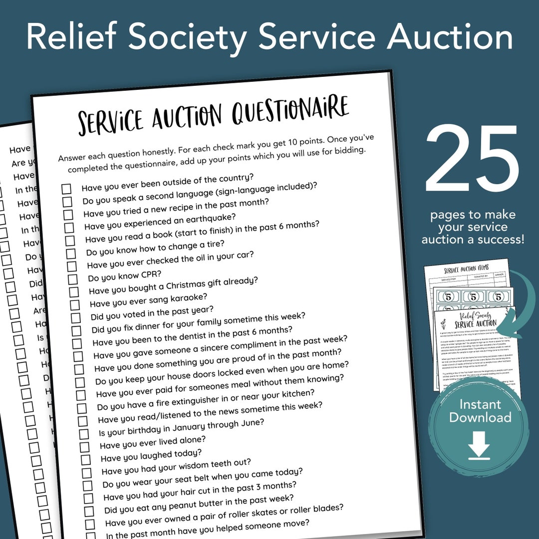 RELIEF SOCIETY Activity Service Auction, Activity Printable Game, Get ...