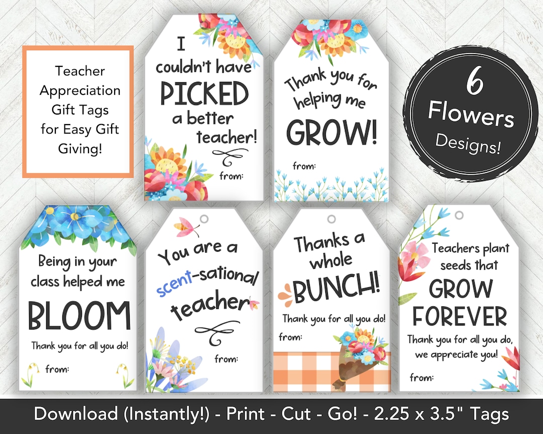 Teacher Flowers Gift Tag, Teacher Appreciation Gift Tag, Bulk Teacher ...