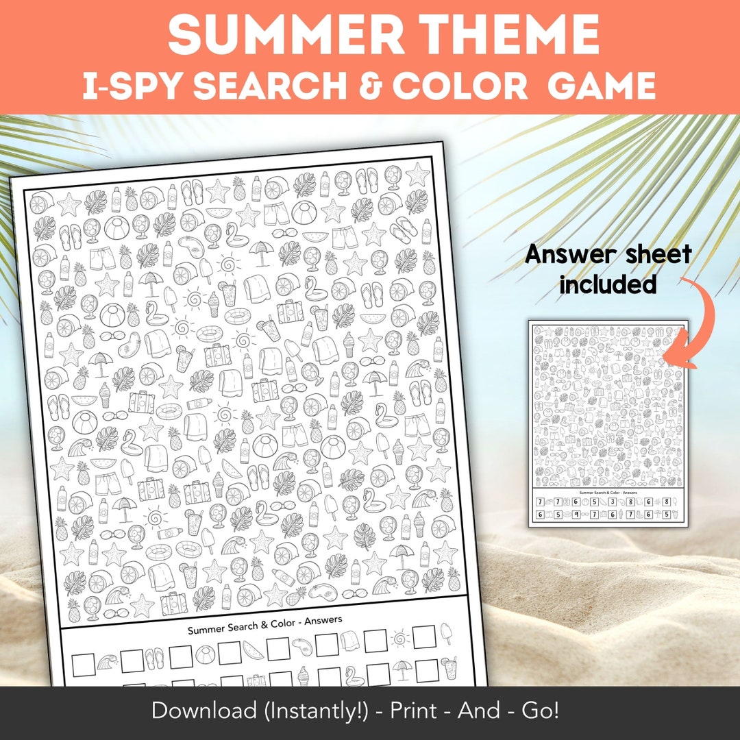 Summer I Spy Kids Activity, I Spy Coloring Page Worksheet Activity ...