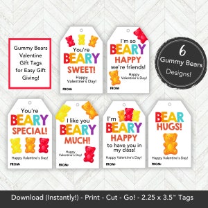 Gummy Bear Valentine Gift Tag, Printable Classroom Valentines Day Card ...
