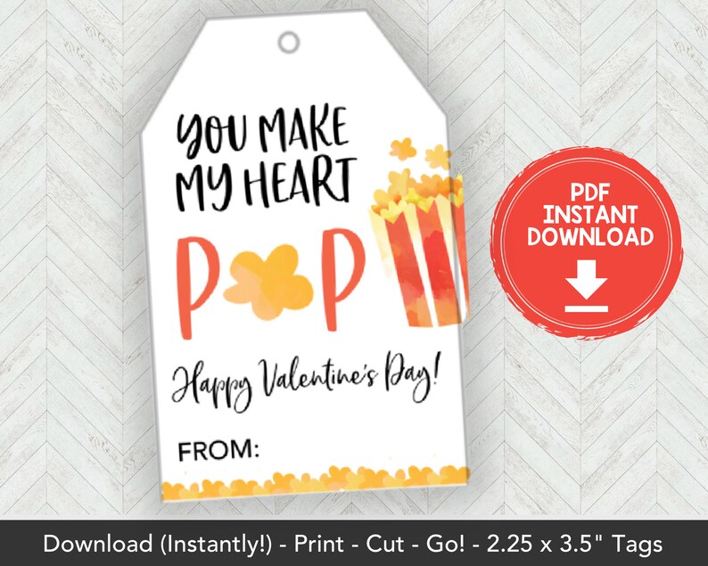 Popcorn Valentine Printable for Class Valentines Tags Popcorn - Etsy