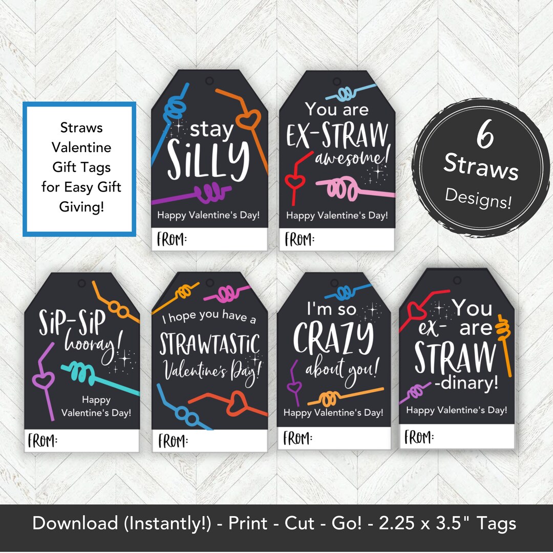 Silly Straw Valentine Gift Tag, Printable Classroom Valentine Card for ...