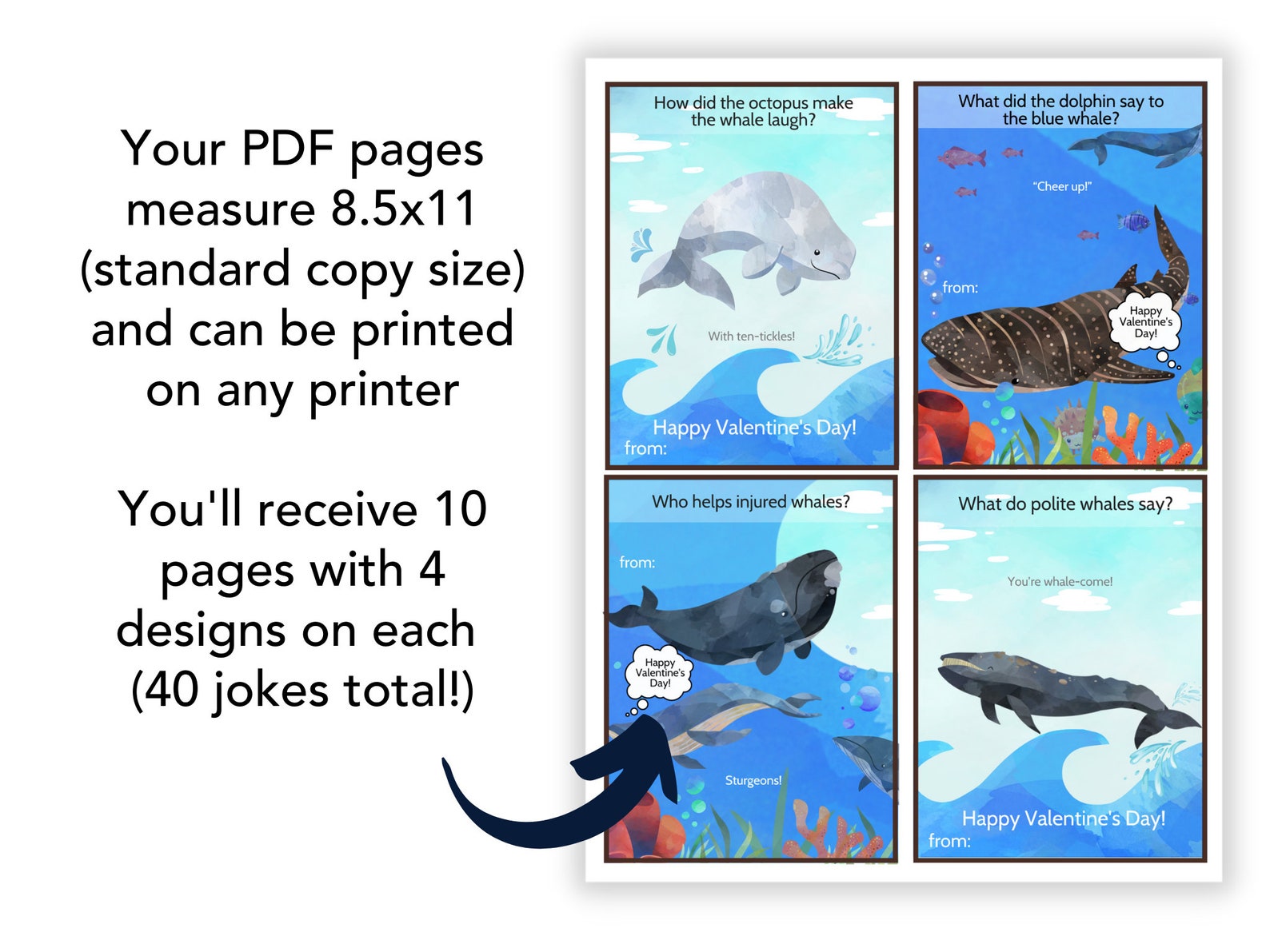 Whales Valentine Cards Printable Valentines Day Cards for - Etsy