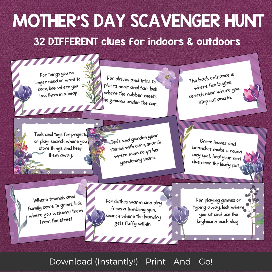 Mothers Day Scavenger Hunt Printable Cards, Indoor & Outdoor Treasure ...