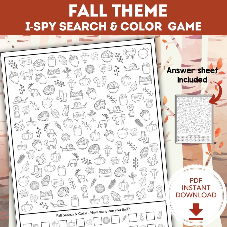 Fall I Spy Kids Activity, I Spy Coloring Page Worksheet Activity ...