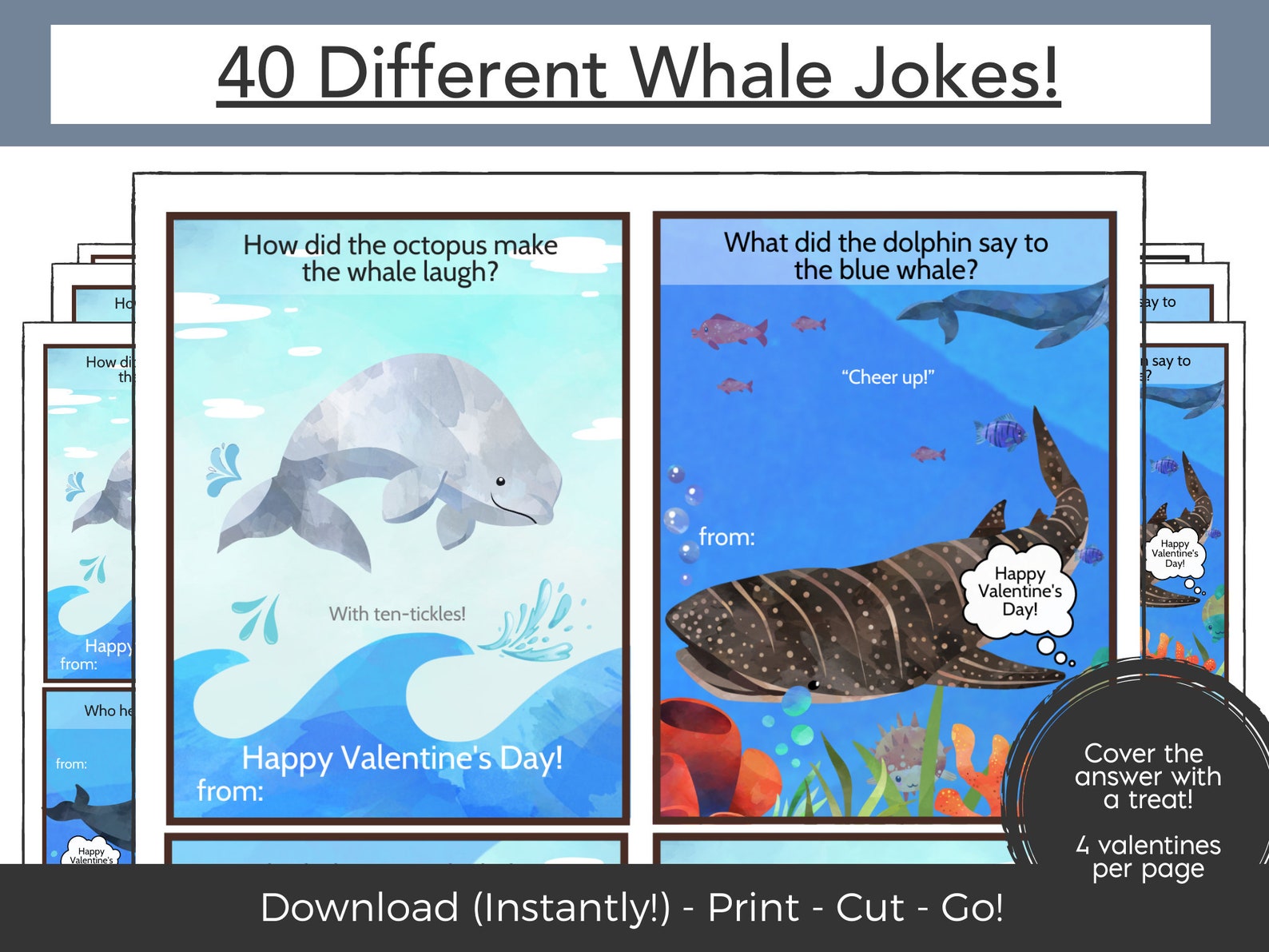Whales Valentine Cards Printable Valentines Day Cards for - Etsy