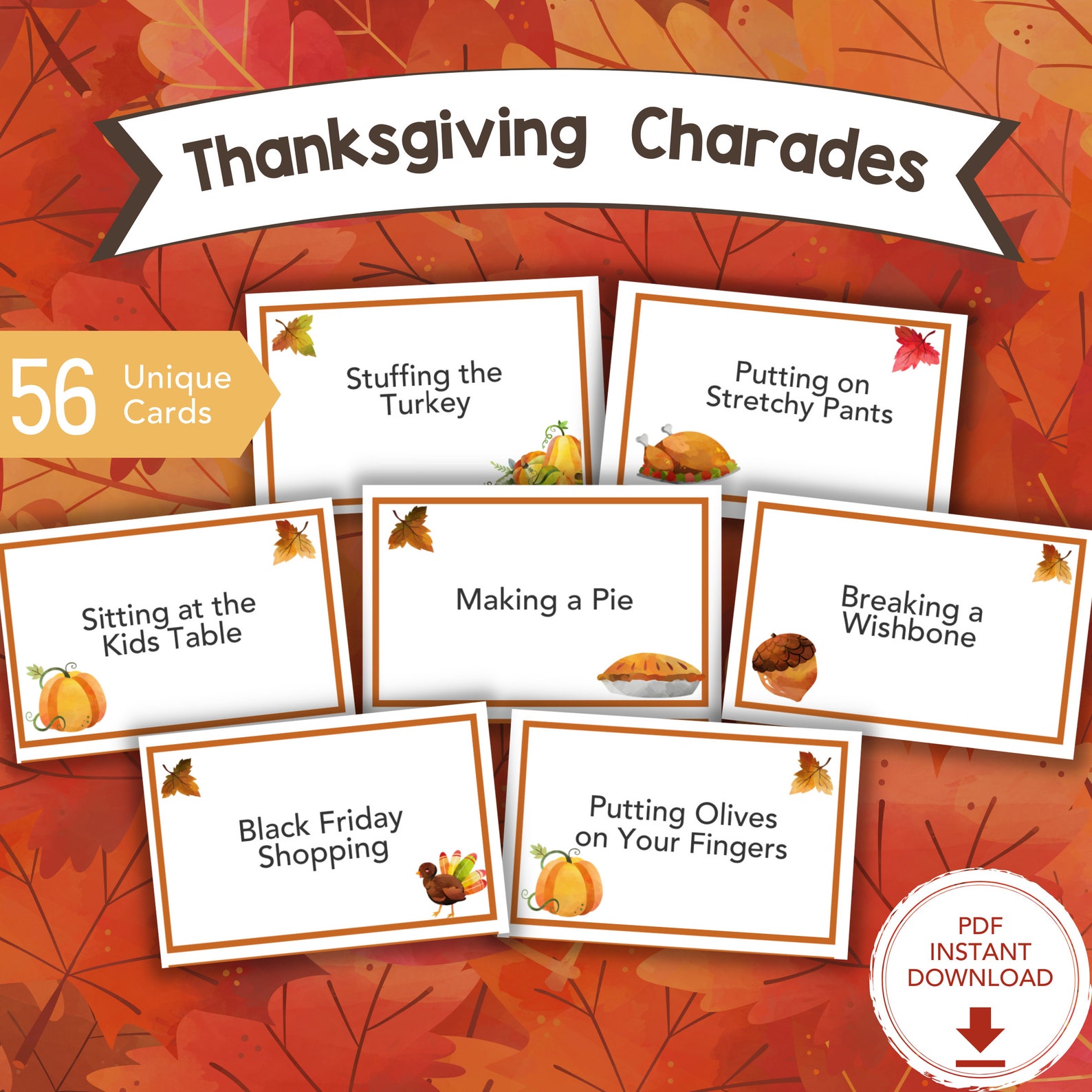 Thanksgiving Charades, Thanksgiving Game for Kids & Adult Parties ...