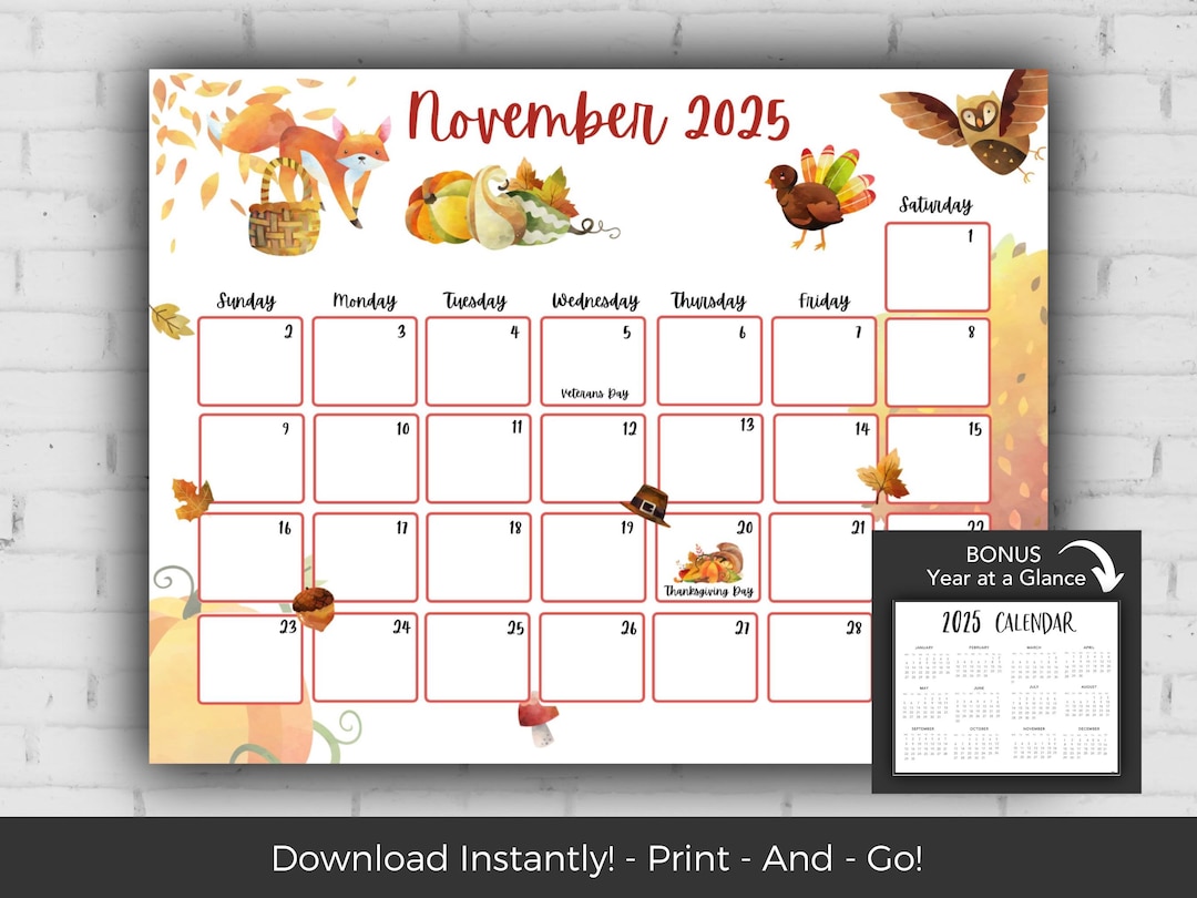 November 2025 Calendar, Kids Calendar Printable, Calendar 2025, Monthly ...
