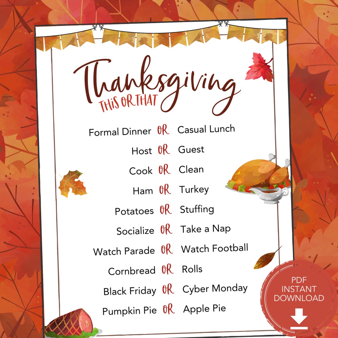 This or That Thanksgiving Game for Kids and Adult Parties Instant ...