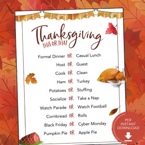 This or That Thanksgiving Game for Kids and Adult Parties Instant ...