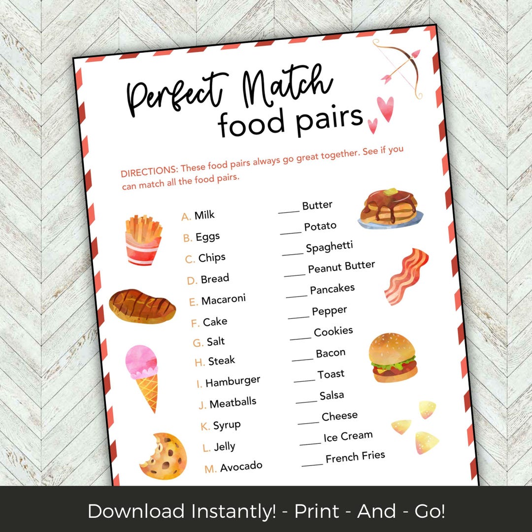 Valentines Food Pairs Matching Game, Printable Valentine Day Games for ...