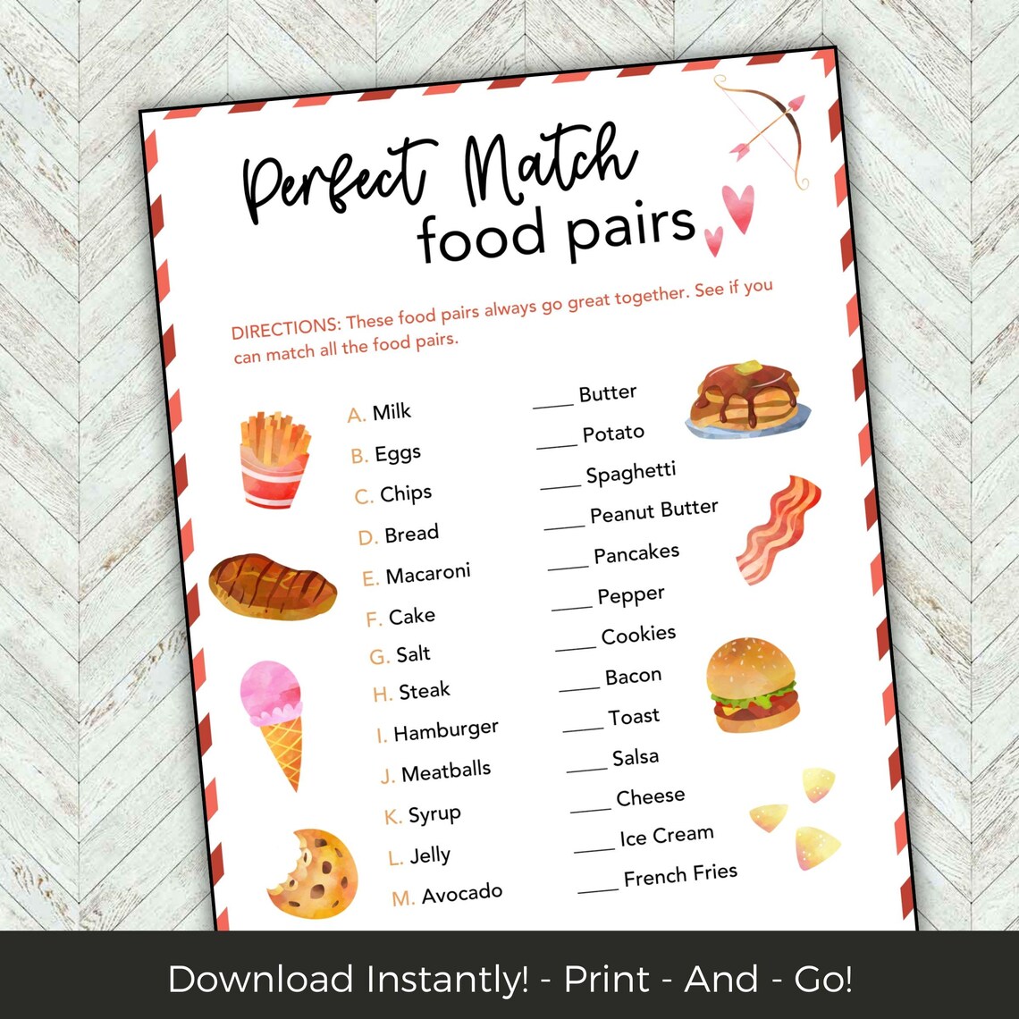Valentines Food Pairs Matching Game, Printable Valentine Day Games for ...