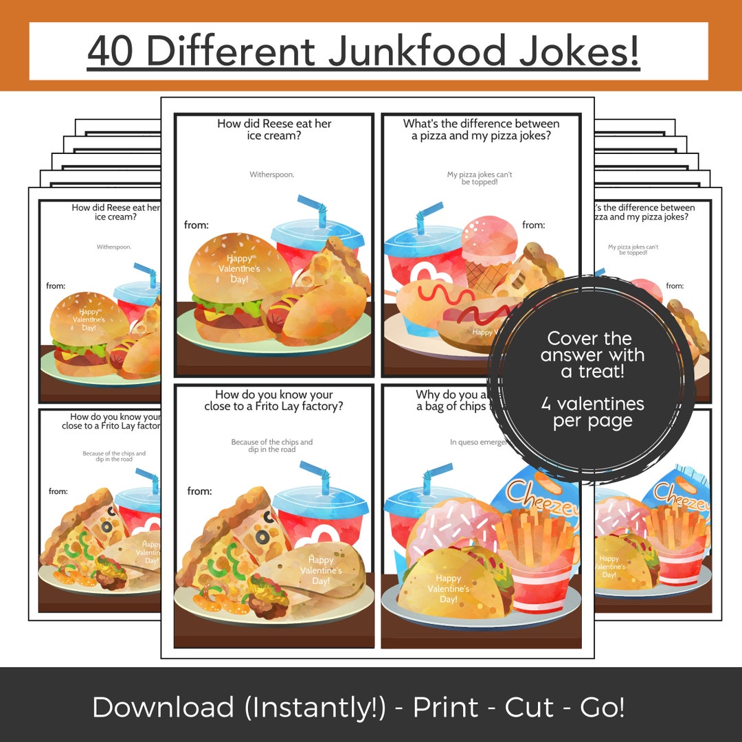Junk Food and Pizza Valentine, Printable Valentine Cards for Kids, DIY ...