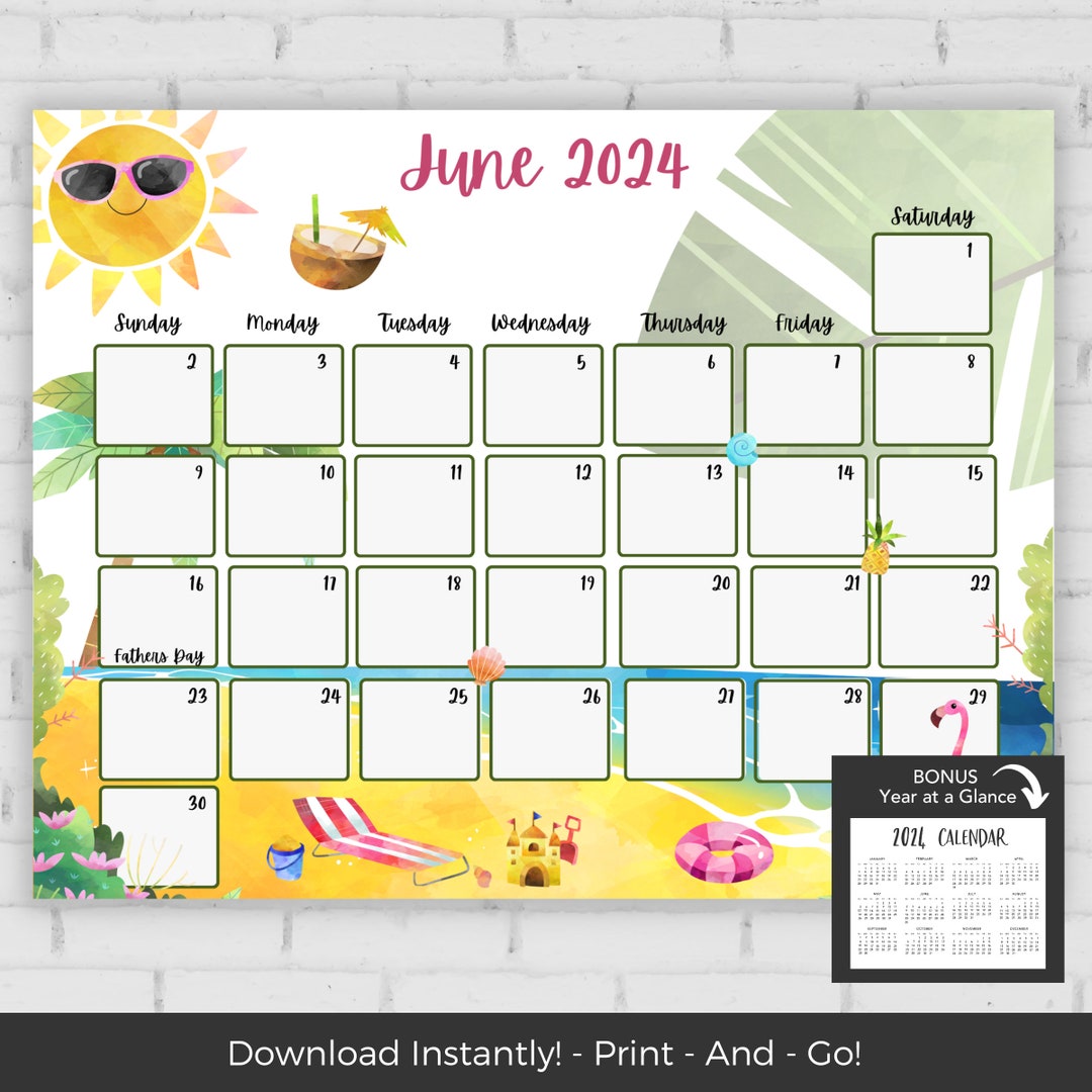 June 2024 Calendar, Kids Calendar Printable, Calendar 2024, Monthly ...