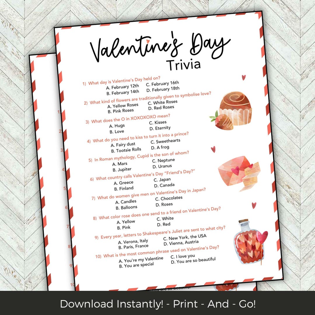 Valentines Trivia Game Printable, Valentines Day Games for Adults, Kids ...