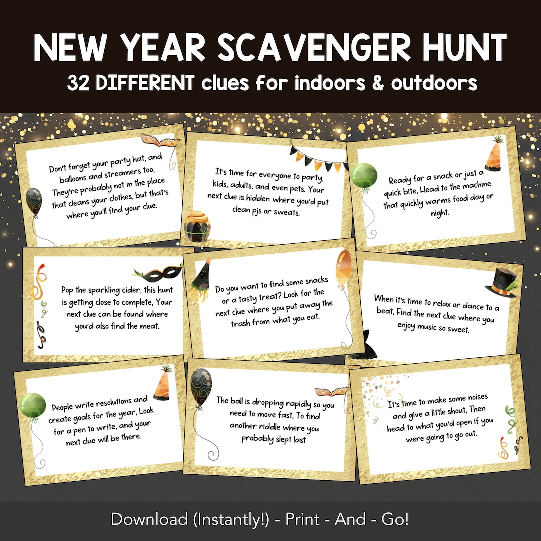 New Years Eve Scavenger Hunt Printable Cards, Indoor Outdoor Treasure ...