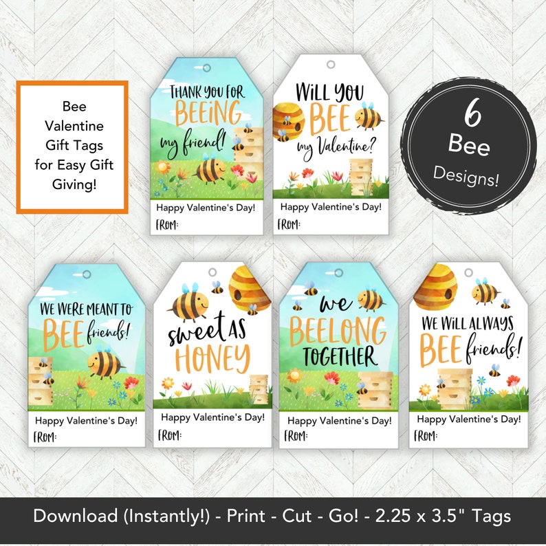 Flower Bee Valentine Gift Tag, Printable Classroom Valentine Card for ...