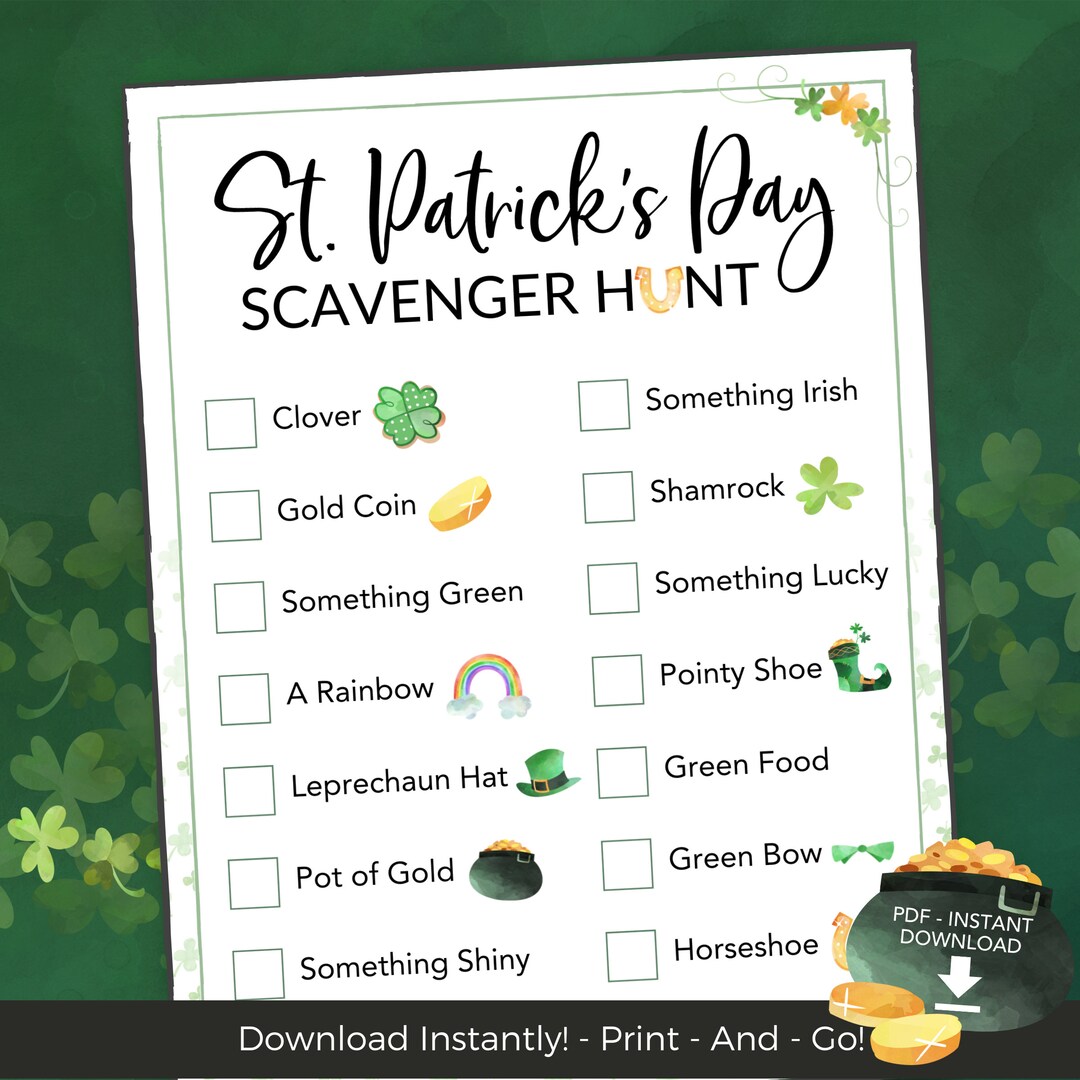 St Patricks Day Game Scavenger Hunt Activity, St Paddys Day Printable ...