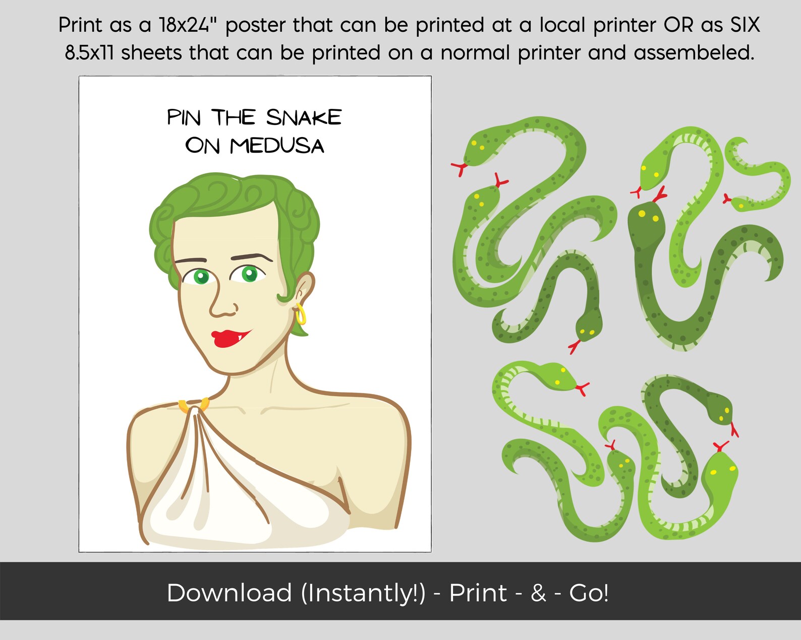 Pin the Snake on Medusa Greek Mythology Poster Printable | Etsy