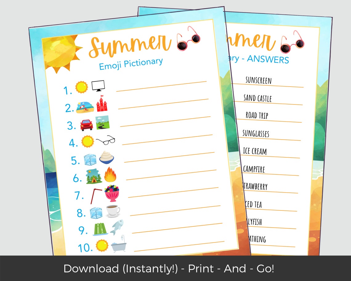 Summer Emoji Pictionary Game Printable Games for Kids Fun | Etsy