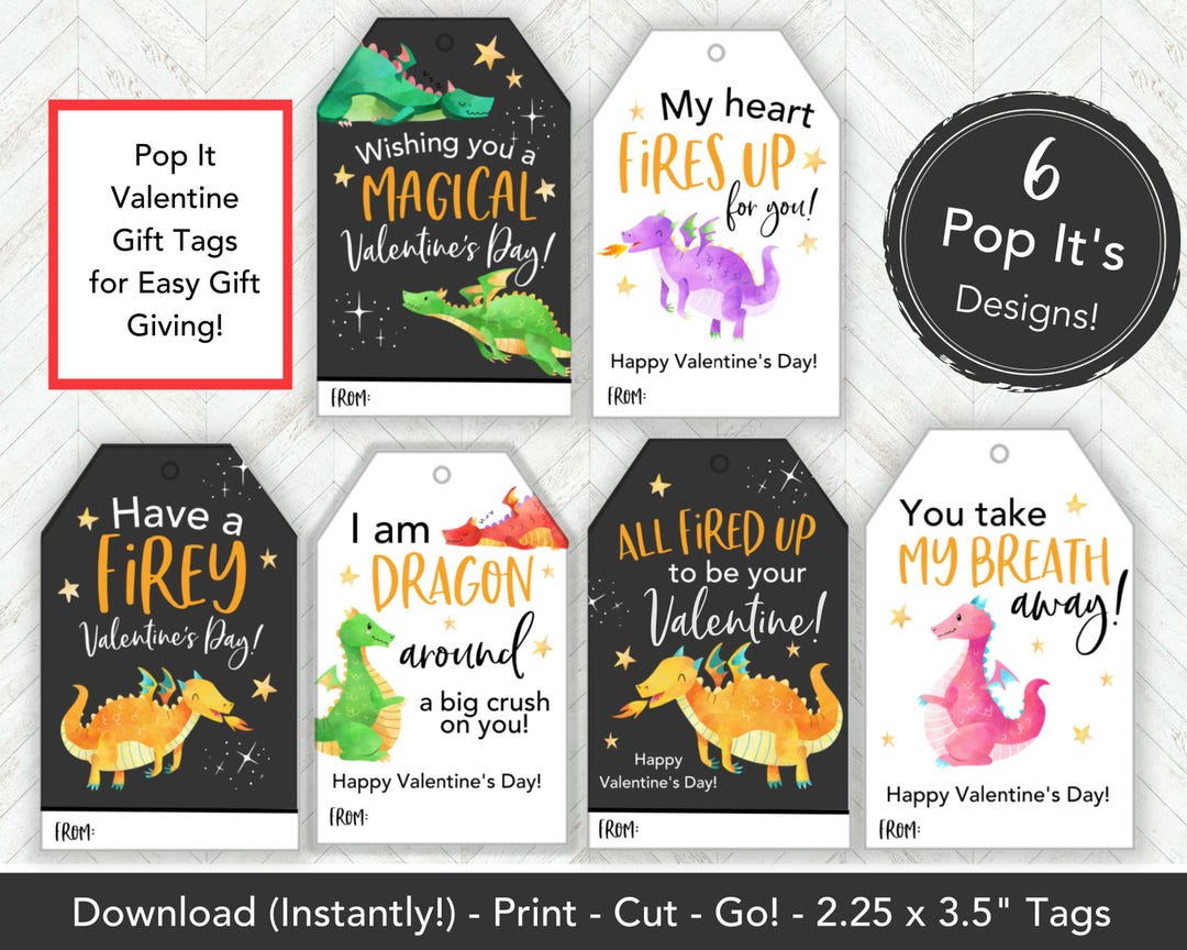 Dragon Valentine Gift Tag, Printable Classroom Valentine Card for Kids ...