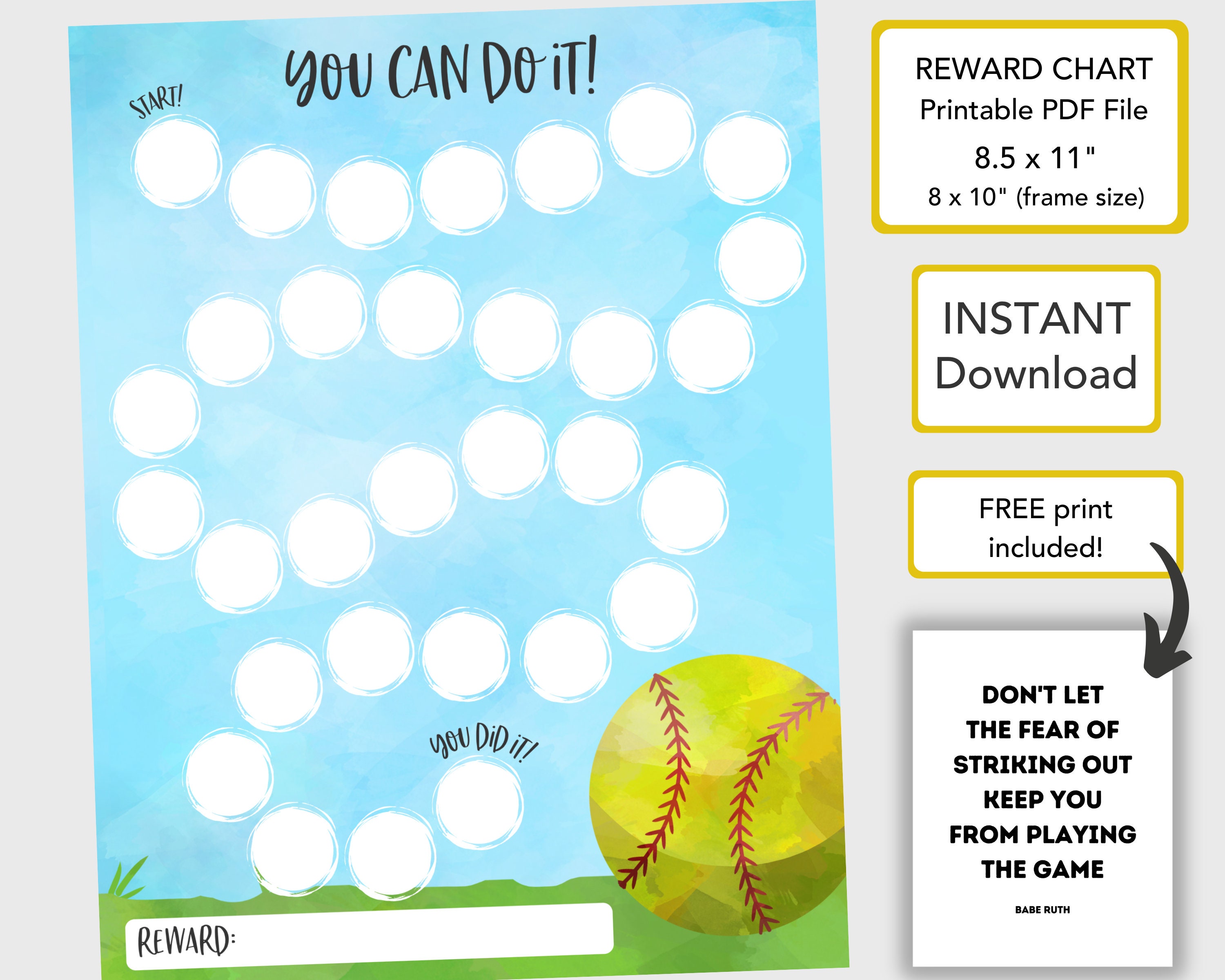Softball Reward Chart for Kids Behavior Chart Printable Chore - Etsy